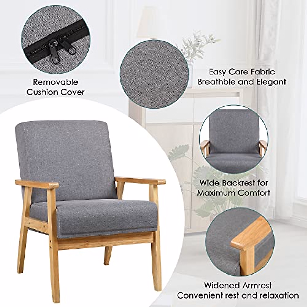 Homajor Accent Chairs Set of 2,Accent Chairs for Living Room,Accent Chair,Mid Century Modern Chair,Arm Chair,Reading Chair,Wooden Comfy Armchair for Bedroom,Grey (OWS1GY-2pc)