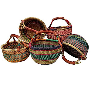 Deluxe Round Colorful African Basket - Medium 14" Round - by market women in Bolgatanga, Ghana with Africa Heartwood Project - GBMRC (Flat-packed)
