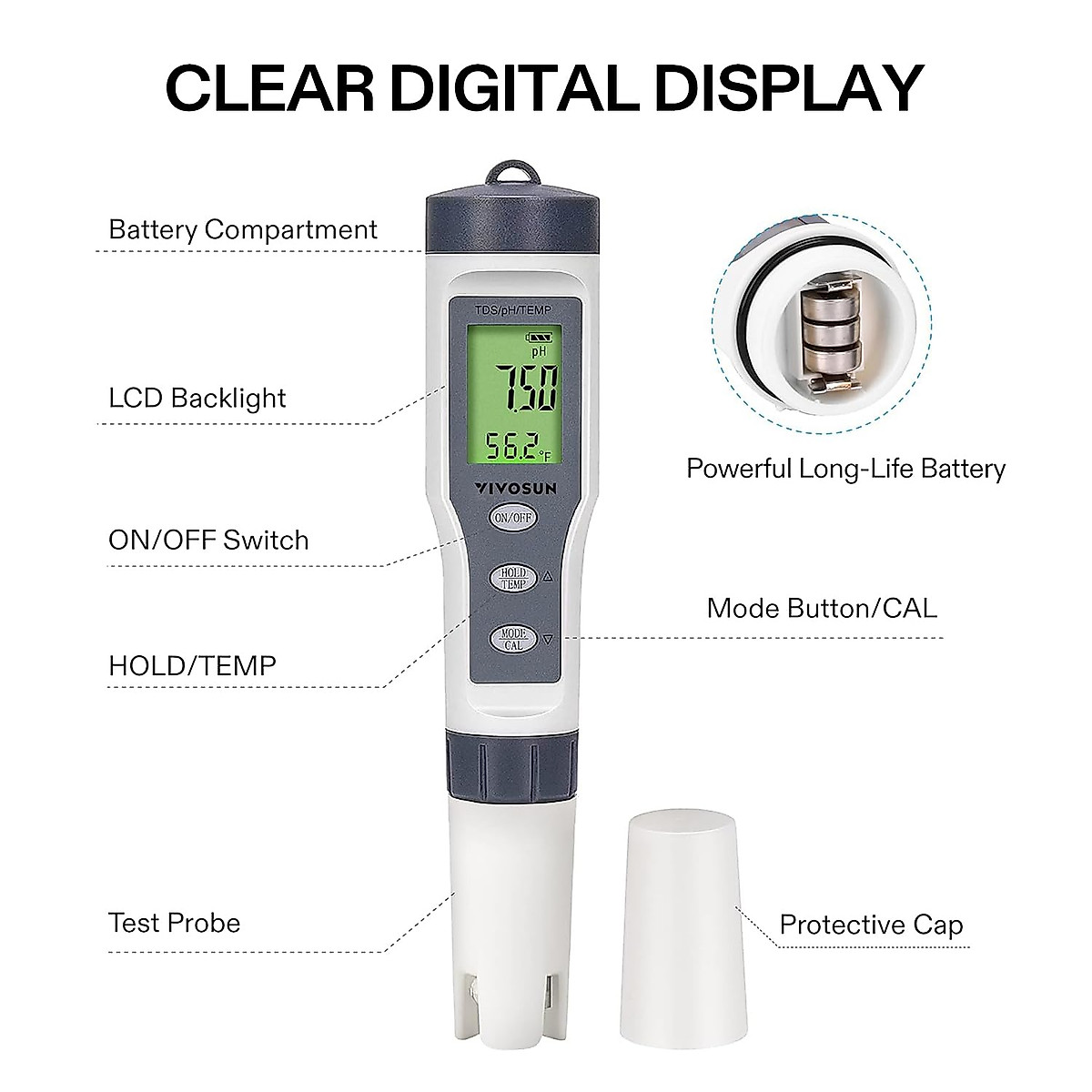 VIVOSUN 3-in-1 Digital pH Meter with ATC, Soil Tester for Moisture, pH and Light-Indoor and Outdoor Use