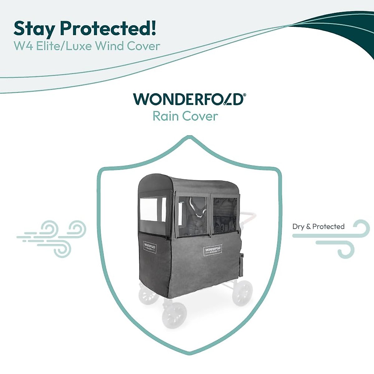 WONDERFOLD Stroller Wagon Wind Cover Made of Premium Breathable Cationic Fabric with Hook-and-Loop Window Openings for Easy Access and Zipper Storage Pocket Access (Fits Only W4 Elite/Luxe)