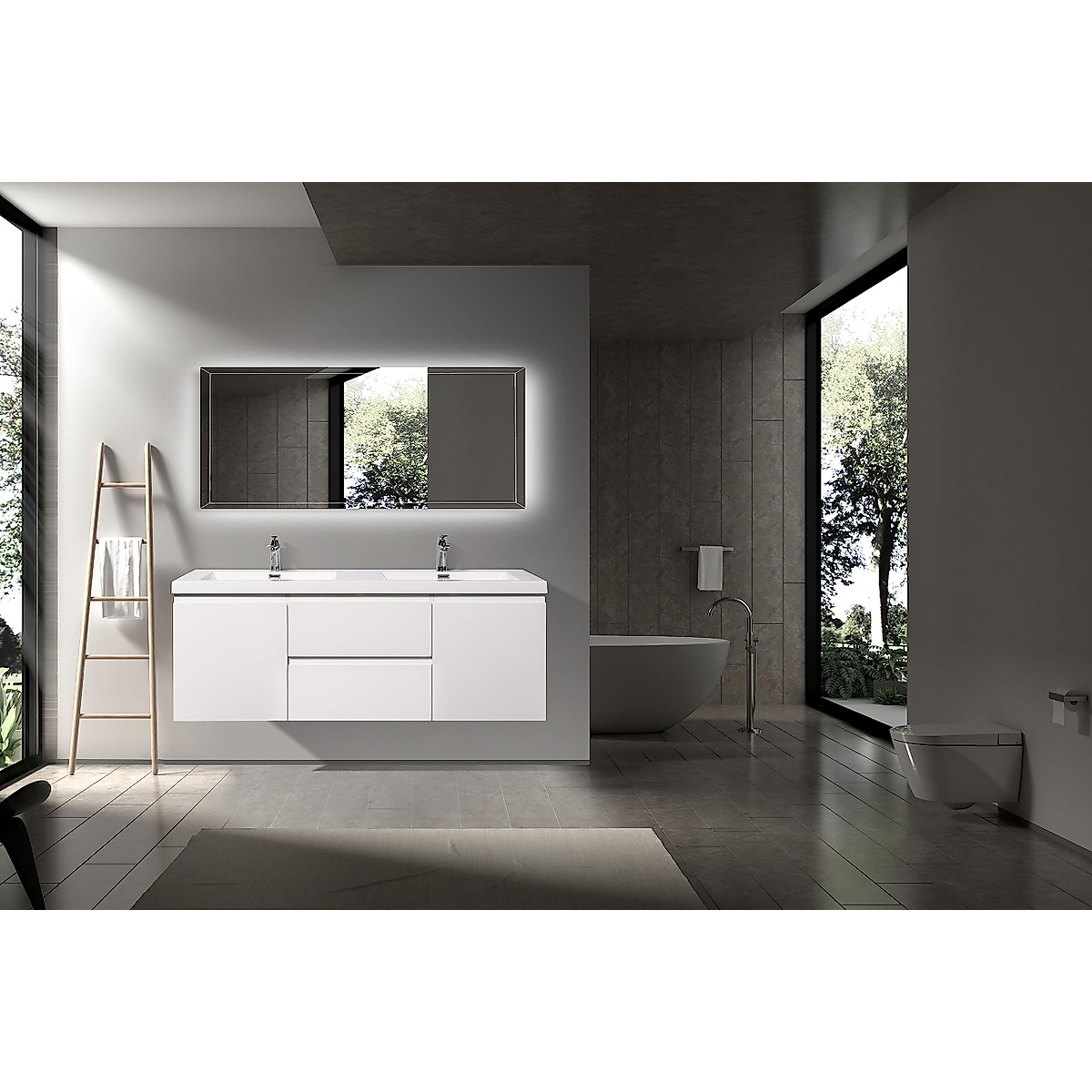 OMGO 60'' Wall Mounted Double Bathroom Vanity with White Solid Surface Sink, Modern Wood Cabinet Basin Vessel Set w/Two Drawers and 2 Storage, H90 Hanging System, Easy Installation