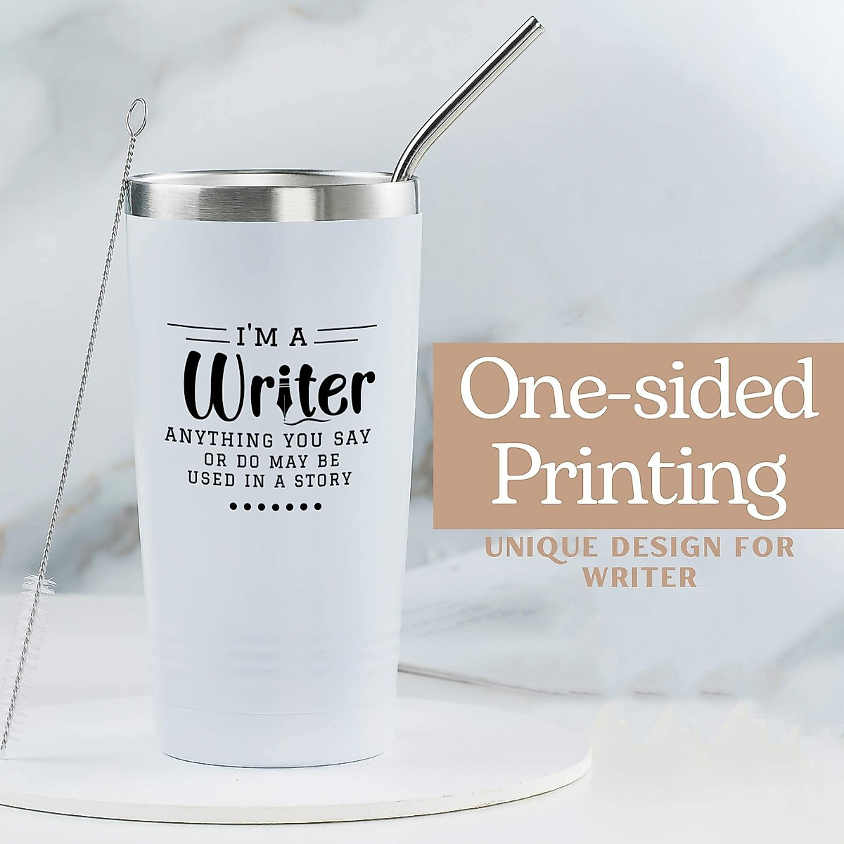 Onebttl Funny Writer Gifts For Women, Men - I'm a Writer Anything You Say or Do May be Used in a Story - 20oz/590ml Stainless Steel Insulated Tumbler with Lid, Message Card - (White)