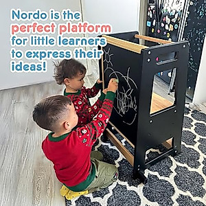 Toddler Kitchen Stools Helper with Adjustable Height and Anti-Slip Protection, Kids Standing Tower with Safety Rail, Kids Montessori Step Stool with Learning Chalkboard, Natural