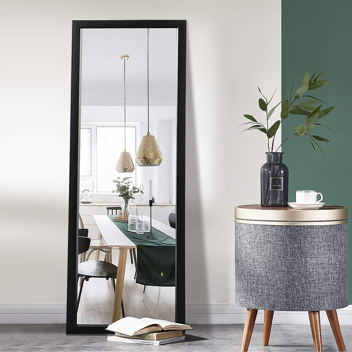 Elevens Full Length Door Mirror 43"x16" Large Rectangle Wall Mirror Hanging or Leaning Against Wall for Bedroom, Dressing and Wall-Mounted Polystyrene Frame Mirror-Black(No Stand), JJ01002AAF-USAM004