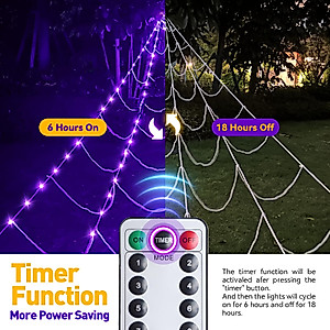 Halloween Decorations Spider Webs with 135 Purple Lights, 200" Triangular Huge Web, One Huge Spider, 20pcs Small Spiders and Extra Fiber for Outdoor Yard Decors