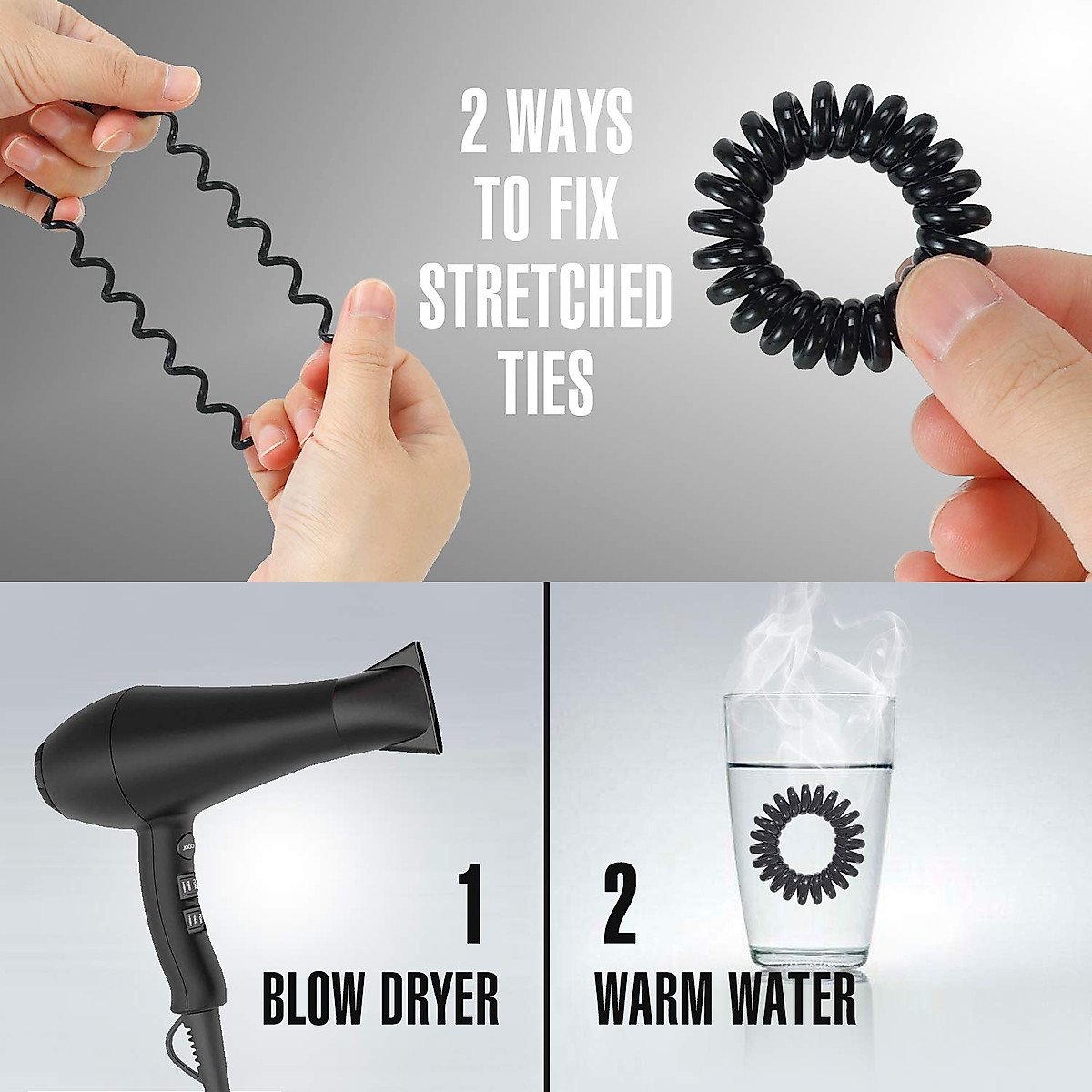 TailaiMei 30 Pcs Spiral Hair Ties, No Crease Coil Hair Ties, Phone Cord Hair Ties for Thick Hair - Women Ponytail Holder Elastics(Black&Transparent)