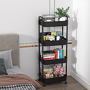 Sywhitta 4-Tier Plastic Rolling Utility Cart with Handle, Multi-Functional Storage Trolley for Office, Living Room, Kitchen, Movable Storage Organizer with Wheels, Black