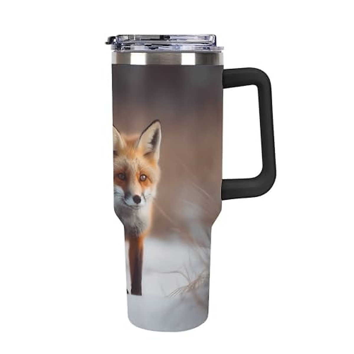 YTLKGFP 40 Oz Large Capacity Car Cup Cute Fox Tumbler with Handle (Black) Straw Lid Insulated Stainless Steel Water Bottle Travel Mug Leak-proof Car Cup Keeps Cold Or Hot