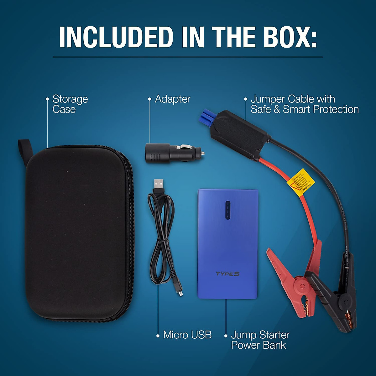 Type S 1000A 12V 6.0L Jump Starter Power Bank with Dual USB Charging and 8,000 mAh Power Bank - Blue