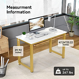 Dorriss Computer Desk,Home Office Desks, 47" Computer Table, Writing Desk,Marble Desk,White and Gold Desk, White Faux Marble Desk,Gold Metal Frame, White Desk,Marble Computer Desk for Home Office