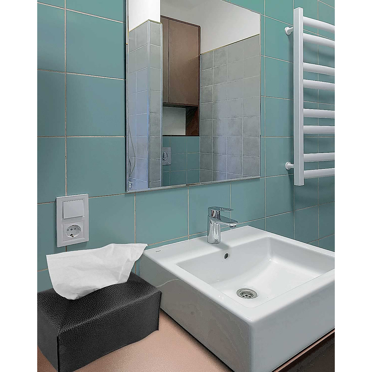 Tissue Box Holder Rectangular Leather – with Bottom Belt [JESMINI, Black] Modern Long PU Leather Rectangle Tissue Box Cover Holder Decorative for Bathroom Vanity Countertop/Night Stands/Office Desk