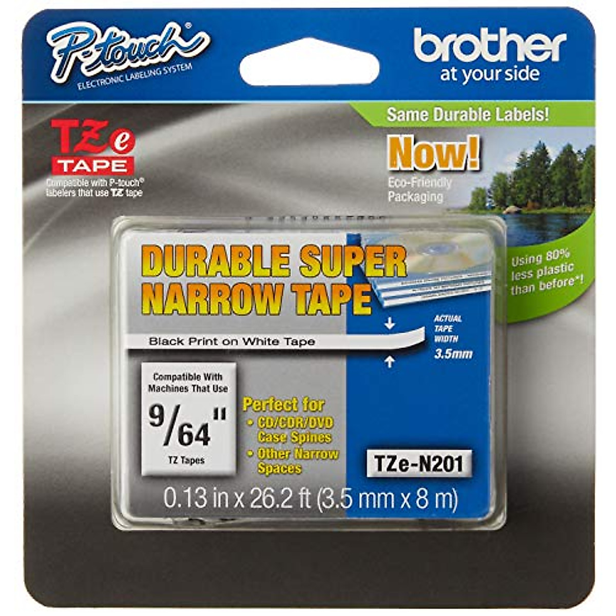Brother Genuine P-touch TZE-N201 Tape, 9/64" (0.13") Wide Super-Narrow Non-Laminated Tape, Black on White, Recommended for Home and Indoor Use, 0.13" x 26.2' (3.5mm x 8M), Single-Pack, TZEN201