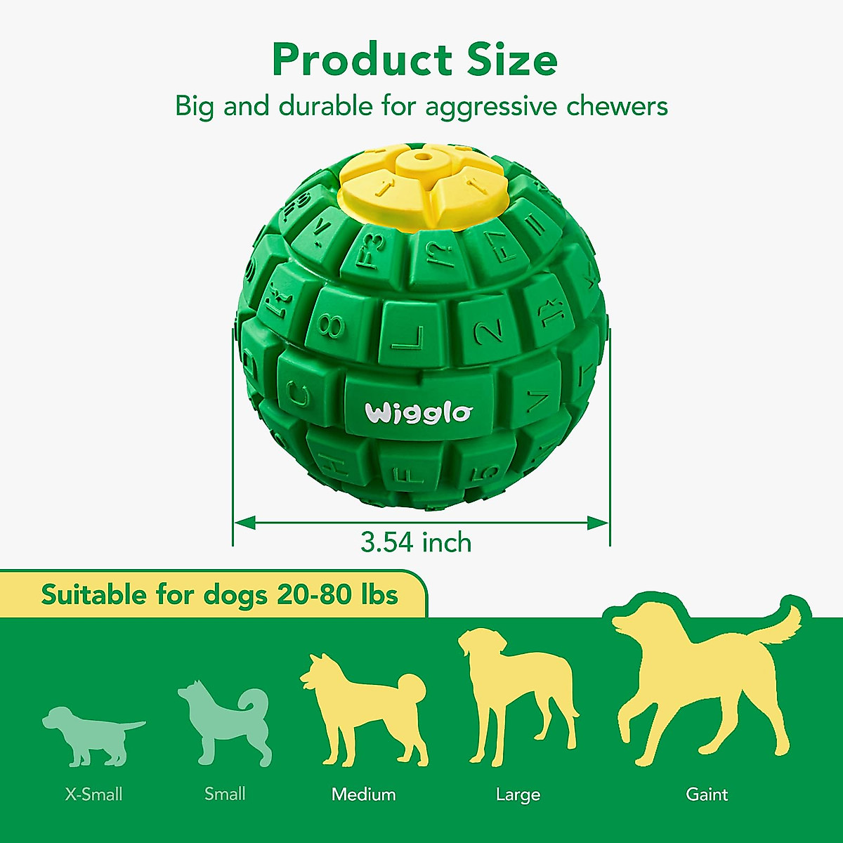 Wigglo Tough Durable Dog Ball Toy for Aggressive Chewers, Natural Rubber Dog Toy for Medium/Large Dogs, 3.5" Diameter Dog Ball Chew Toy Helps with Dog Separation Anxiety Boring, Dishwasher Safe, Green