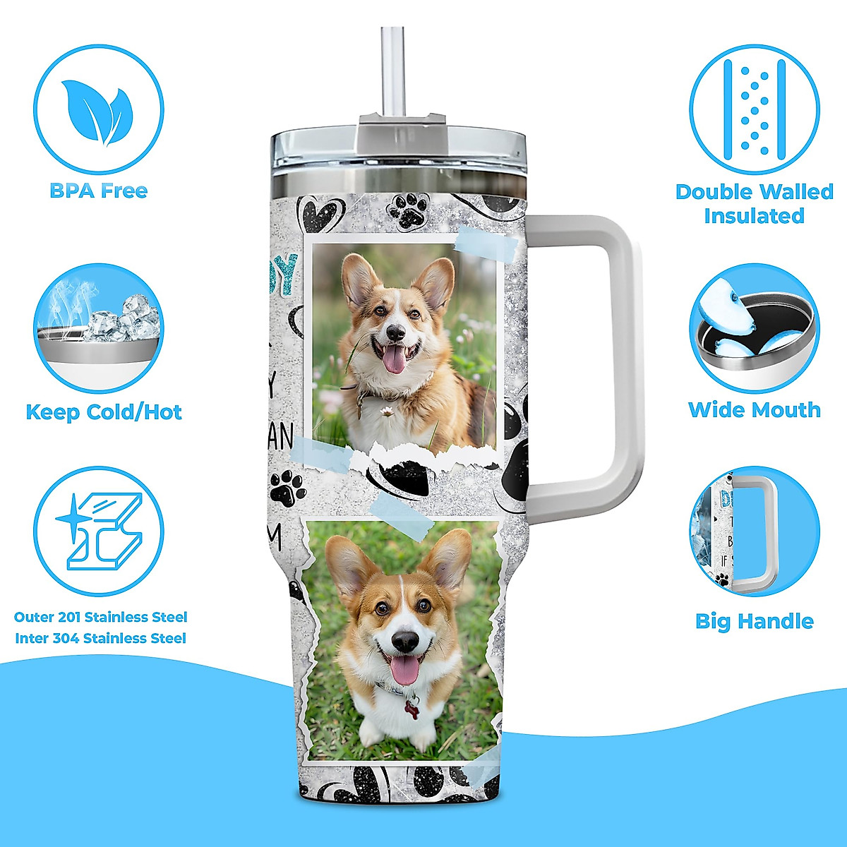 Hyturtle Personalized Picture Dog Dad 40oz Tumbler with Handle and Straw Gifts for Dog Lovers, Funny Father's Day Cup Gifts For Men, Best Gift Ideas for Fur Dad Stainless Steel Travel Cup With Lid