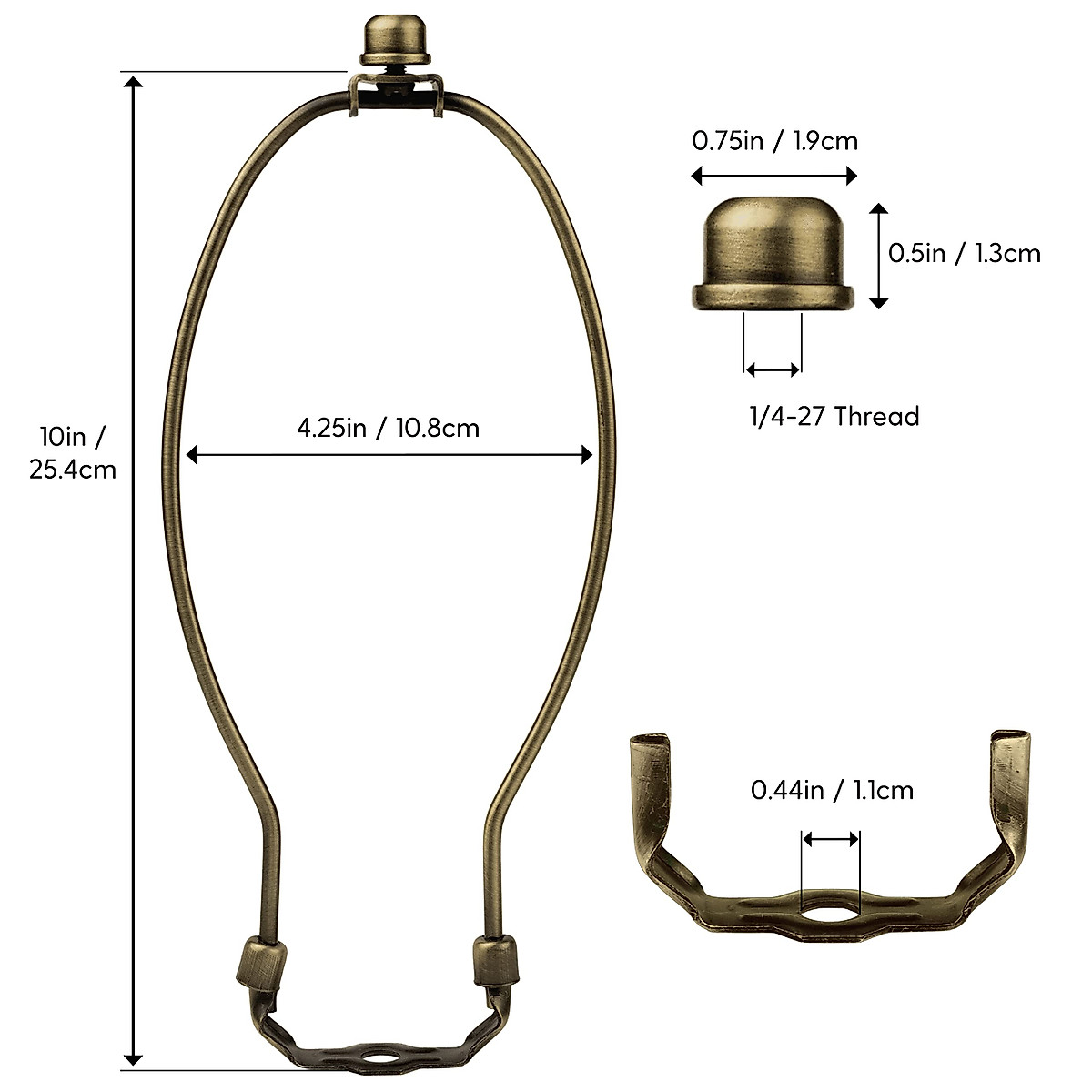I Like That Lamp Complete Lamp Harp Set (1 Pack) - Antique Brass 10" Harp (Suitable for a 11" to 12" Lampshade) - Includes Harp, Saddle Holder Base & Finial - Harp Converter For Table and Floor Lamps