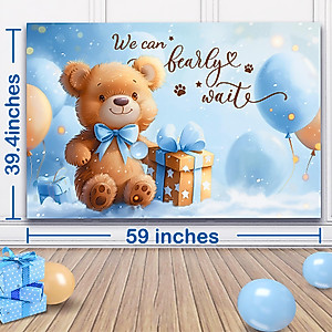 Party Spot！Bear Baby Shower Decorations Boy,80 pcs Balloons,4 Wood Grain Blocks with Letter,"We can bearly wait" Backdrop,Banner,Tablecloth,Balloon Pump, Blue Brown Bear Theme