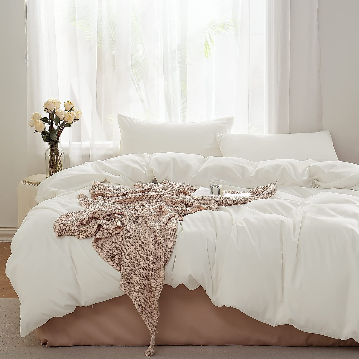 TOCOMOA Duvet Cover Queen Size, 100% Microfiber Comforter Cover Set, Ultra Soft 3 Pieces Off White Bedding Set with 1 Duvet Cover 90x90 inches and 2 Pillowcases