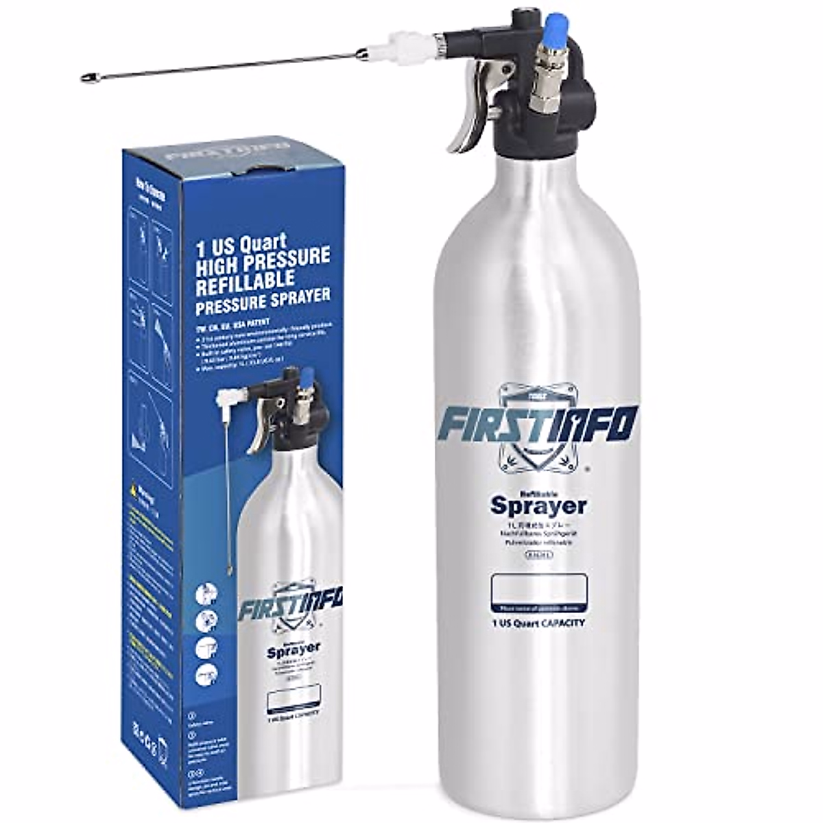 FIRSTINFO A1638L Patented Max. Pressure 140psi / 1000ml Thickened Aluminum Canister Refillable High Pressure Aerosol Spray Can/Pneumatic Compressed Air Sprayer