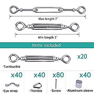 Muzata 20Set 1/8" Cable Railing Kit Hardware Heavy Duty Turnbuckle M5 Eye to Eye for Wood Post Wire Rope Stainless Steel Angle Adjustable WoodLoft System Deck Stair 20 Cable Lines CK01,CA4 CA5