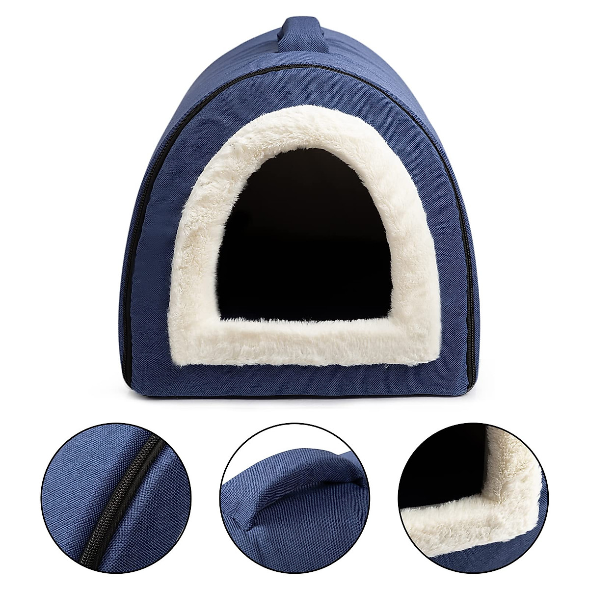 Hollypet Linen Cat Bed, Self-Warming 2 in 1 Foldable Cave House Animal Shape Nest Pet Sleeping Bed, Blue