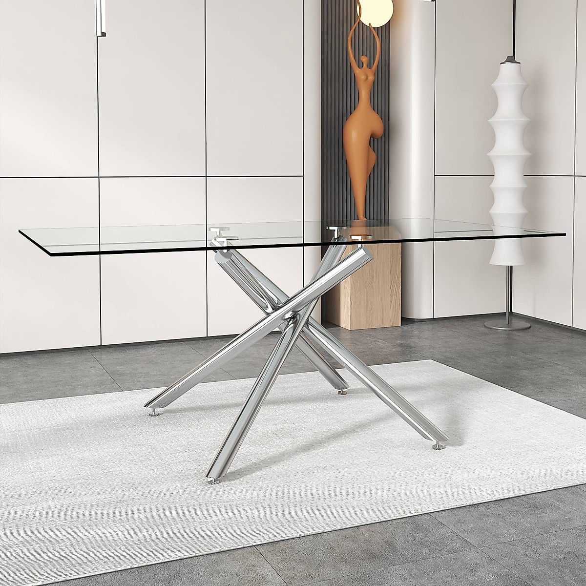 Ball & Cast 71" Modern Glass Dining Table with Rectangular Tempered Tabletop,Dinner Desk W/Silver Chrome Metal Legs,for Home,Kitchen,Dining Room,Office,Silver+Clear