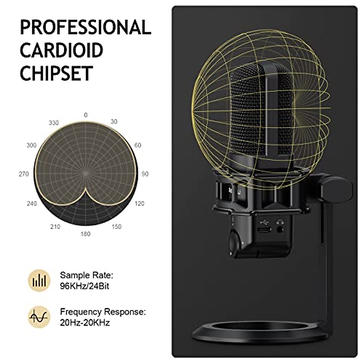 ZINGYOU USB Microphone for Computer, Condenser Desktop Mic Plug & Play with Mic Gain, Mute Button and Headphone Port for PC Recording, Gaming, Streaming, YouTube, Twitch, Voice Over, ZY-UD2 (Black)