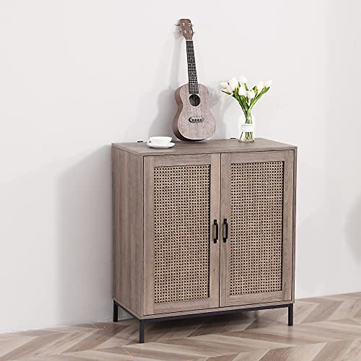 BIRASIL Sideboard Buffet Cabinet, Rustic Storage Cabinet with Rattan Doors for Entryway/Hallway, Accent Liquor Cabinet for Home Kitchen Living/Dinning Room (Natural Oak)