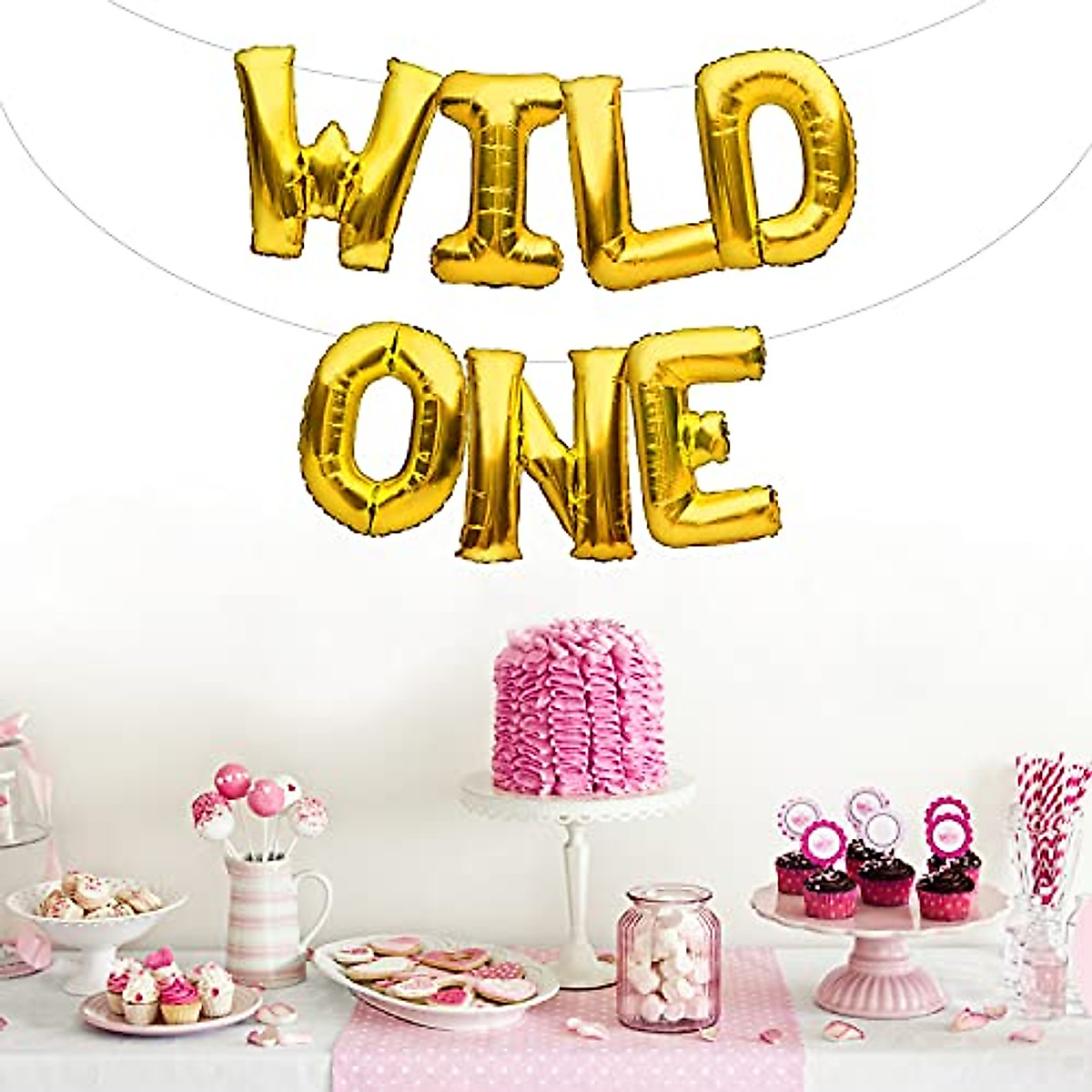 PartyForever Wild One Balloons Banner Gold Foil 1st Birthday Party Decorations and Supplies Sign