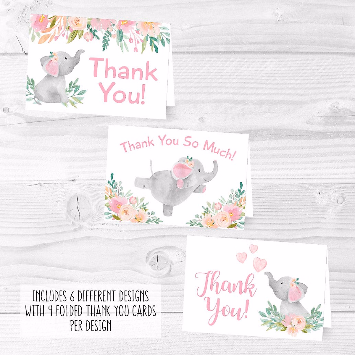 Hadley Designs 24 Pink Floral Elephant Baby Shower Thank You Cards With Envelopes, Kids Thank You Note, Vintage Animal 4x6 Varied Gratitude Card Pack For Party, Modern Event Stationery