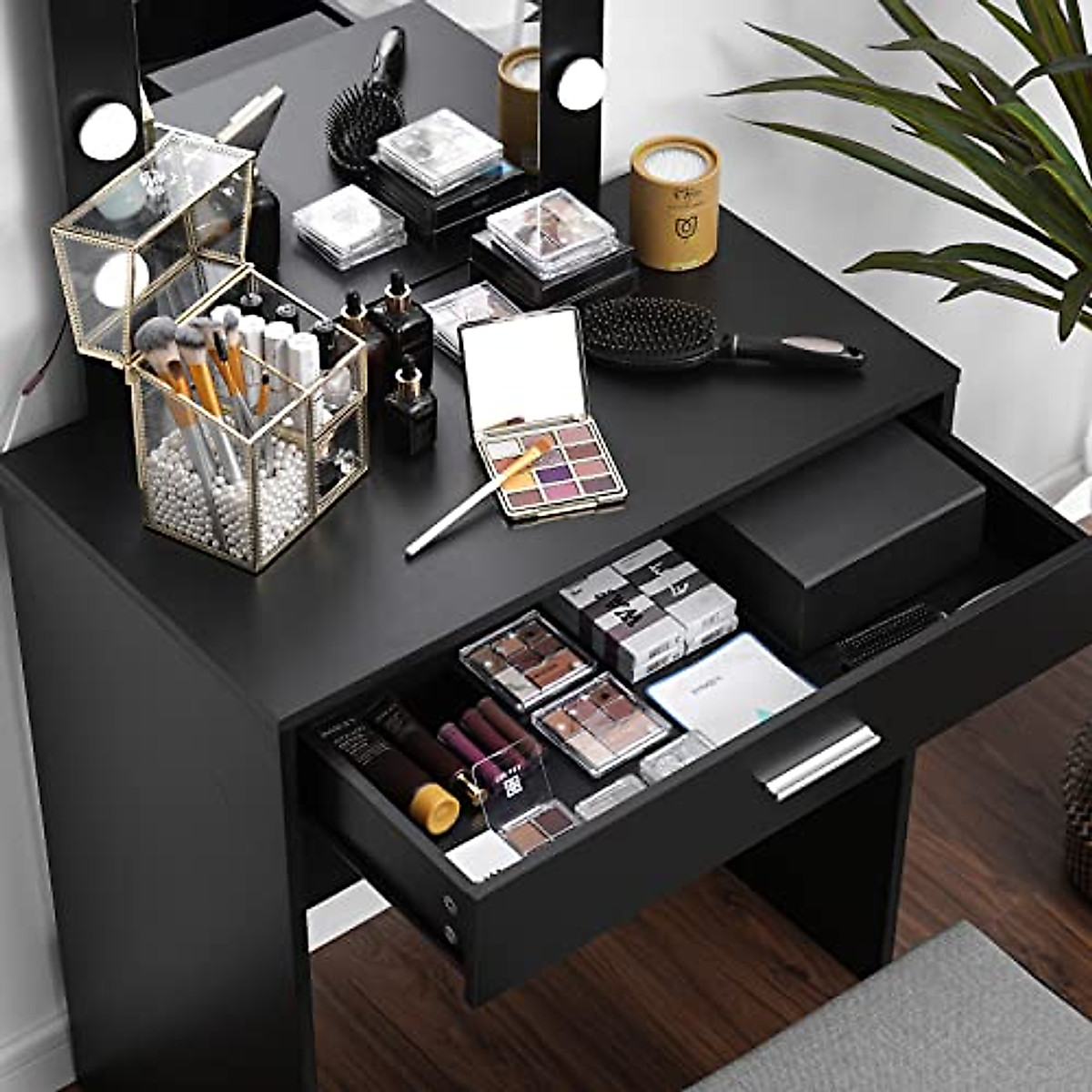 Reettic Makeup Vanity Table with Lighted Mirror, Vanity Desk with Drawers, Bedroom Dressing Table,9 LED Blubs & Adjustable Brightness, for Women, Mother, Girls, Black RSZT102B