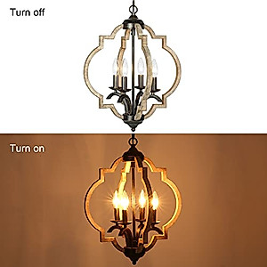 Lampundit Farmhouse Geometric Chandelier Light Fixture, 4 Light Wood Chandelier for Dining Room Kitchen Foyer Hallway Entrywa, Wood & Black Finish