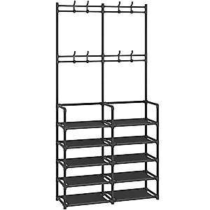 Laiensia 5-Tier Entryway Coat Rack, Coat and Shoe Rack, Entryway Bench Storage Organizer with 8 Hooks for Bedroom, Hallway, Office, Black