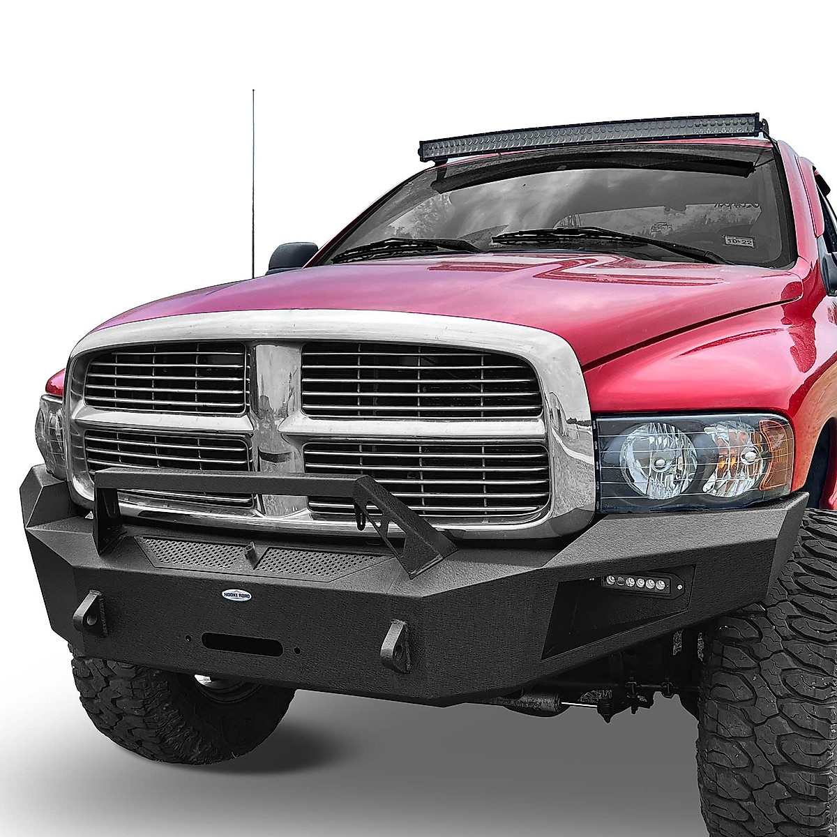 Hooke Road 03-05 Ram Full Width Front Bumper w/Winch Plate & LED Spotlights for 2003 2004 2005 Dodge Ram 2500 3500 Truck (Excluding Diesel Models), Solid Steel Offroad Bumper