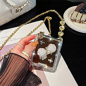 Omio Designed for Samsung Galaxy Z Flip 5 Mirror Case with Crossbody Lanyard Luxury Sparkle Bling Crystal Diamond Glitter Flower Cute Slim Makeup Phone Case for Galaxy Z Flip 5 Women Girls, Rose Gold