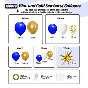 FOTIOMRG 136pcs Royal Blue and Gold Balloons Arch Garland Kit with Star Foil Balloons, 5 10 12 18 inch Navy Blue White and Gold Balloon for Anniversary Wedding New Year Birthday Party Decorations