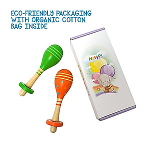 NatyPi Wooden Rattles Baby Montessori Early Educational Grasping Teething Toys for 1 2 3 Year Old Kids, 2pcs Musical Toy Set, Designed in USA, Sealed with Organic Flaxseed Oil, Perfect Toddler Gift