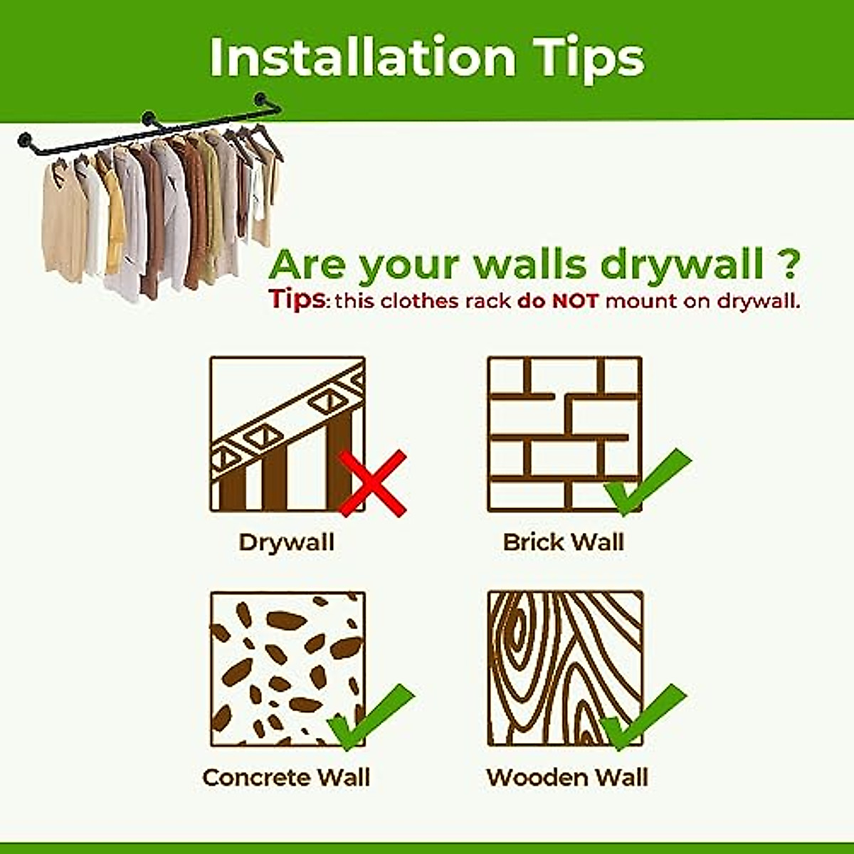 GREENSTELL Clothes Rack, 69.5 Inches Industrial Pipe Wall Mounted Closet Rod, Space-Saving Heavy Duty Hanging Clothing Rack, Detachable hanger Bar, Multi-Purpose Hanging Rod for Closet Storage 3 Base