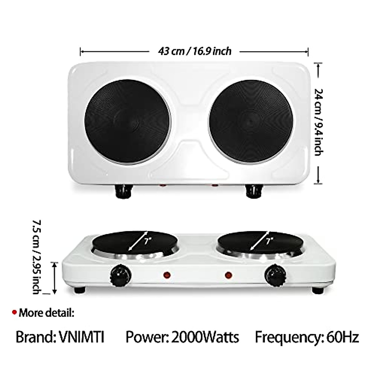 VNIMTI 2000W Countertop Burner Electric Double Hot Plate Stainless Steel Flat Burner Cast Iron Cooktop for Dorm, Office, Home, camping. Temperature Control & Compatible with All Cookware & Fast Heating & Easy to Clean & Portable Compact, White