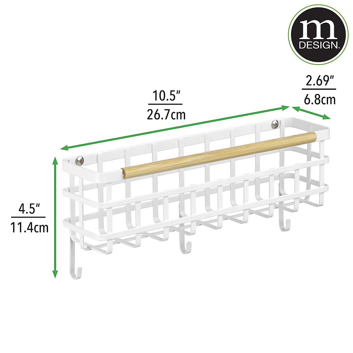 mDesign Metal and Bamboo Wall Mount Mail and Key Holder, 5 Hooks, Hanger Rack Shelf for Entryway, Mudroom, Kitchen, Hold Letters, Magazines, Coats, Umbrellas, Yami Collection, Matte White/Natural