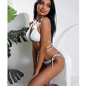 YIMISAN Sexy Two Piece Swimsuit fo Women Sexy Swimwear Halter String Triangle Thong Bikini Sets White