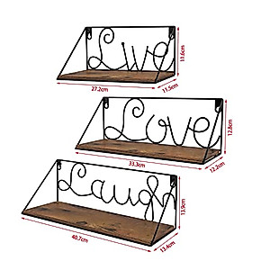 QUTREY Wall Mounted Floating Shelves Set, Live Love Laugh Metal Wall Decor Shelf for Bedroom, Living Room, Kitchen, 3 Packs
