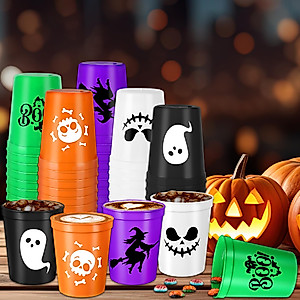 Erweicet 50 PCS Halloween Plastic Party Cups 16 oz Colorful Halloween Disposable Cups Ghost Witch 5 Colors Design Halloween Cups for Coffee Juice Wine Liquor Halloween Party Supplies