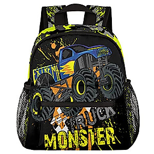cfpolar Yellow Monster Trucks Car Kids Backpacks for Boys, Cute Toddler Backpack Preschool Kindergarten Elementary School Backpack Lightweight Mini Shoulder Bookbag Casual Daypack with Chest Strap