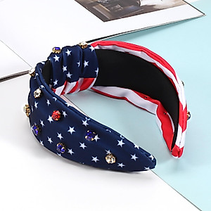 Budsmile American Flag Headbands for Women Girls Independence Day 4th of July Red White Blue Patriotic Headband USA Knotted Wide Rhinestone Hair Accessories Hair Hoops