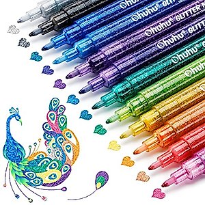 Ohuhu Glitter Markers Pen 12 Glitter Colors Metallic Marker Fine Point Tip Water-based Ink for Kids Adults DIY Crafts Greeting Birthday Cards Making Poster Album Scrapbooking Mugs Wood