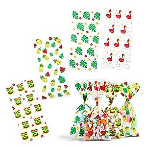 Kesote 100 Pieces Hawaiian Tropical Cellophane Treat Bags, Clear Pineapple Flamingo Goodie Candy Snack Bags Bulk with Twist Ties for Hawaiian Tropical Luau Summer Tiki Bar Party Favor Supplies