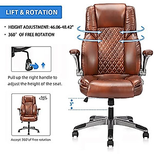 High Back Office Chair- Flip Arms Adjustable Leather Support Task Home Desk Chairs, Executive Computer Desk Chair Work Chairs, Thick Padded Strong Metal Base, Ergonomic Design for Back Pain