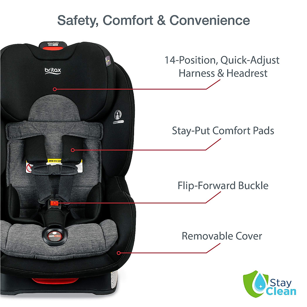 Britax Boulevard ClickTight Anti-Rebound Bar Convertible Car Seat, StayClean Grey - Stain, Moisture & Odor Resistant Fabric