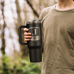 Leebbsin Gifts for Men, Initial 40oz Tumbler with handle and straw, Personalized Birthday Gifts for Men, Him, Dad, Grandpa, Husband, Monogrammed The Man The Myth The Legend Cup for Coffee, Tea (J)