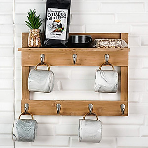 Encozy Coffee Mug Wall Rack, Holder, and Organizer - 7 Hooks Mug with Shelf for Your Favorite Mugs - Adds Charm to Any Kitchen or Office Décor (Bamboo)